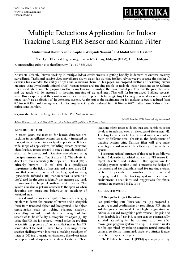 Pdf Multiple Detections Application For Indoor Tracking Using Pir Sensor And Kalman Filter 