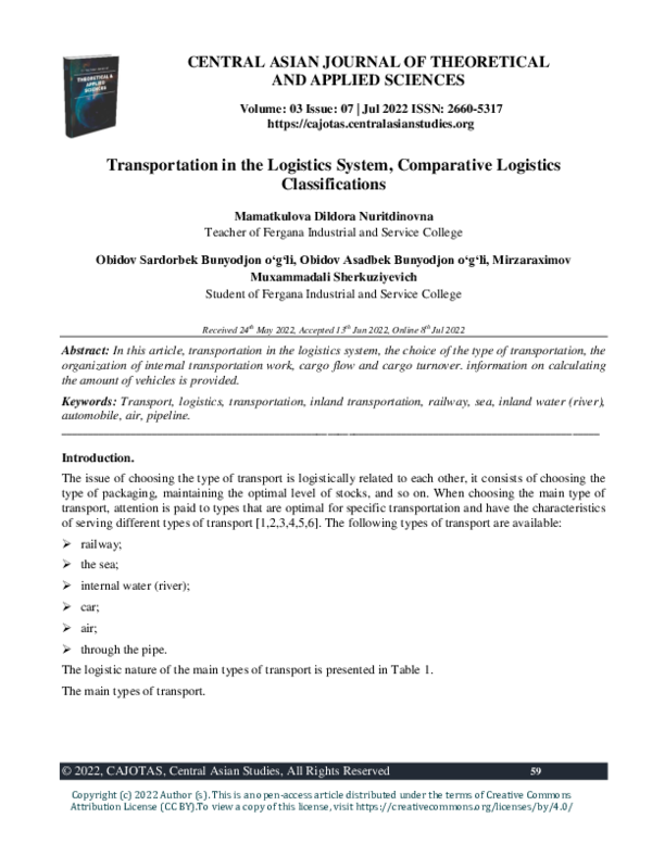 (PDF) Transportation in the Logistics System, Comparative Logistics ...