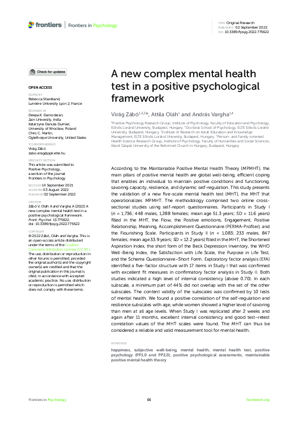 (PDF) A new complex mental health test in a positive psychological ...