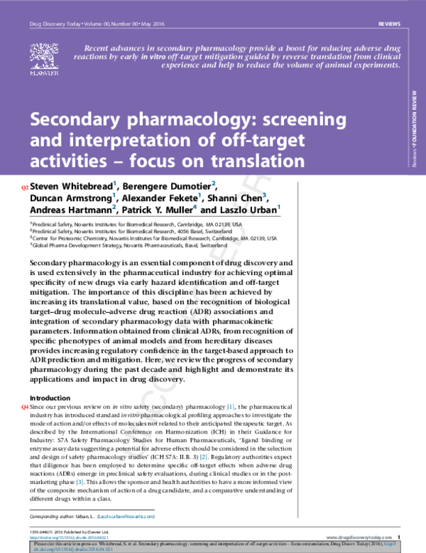 (PDF) Secondary pharmacology: screening and interpretation of off-target activities – focus on ...