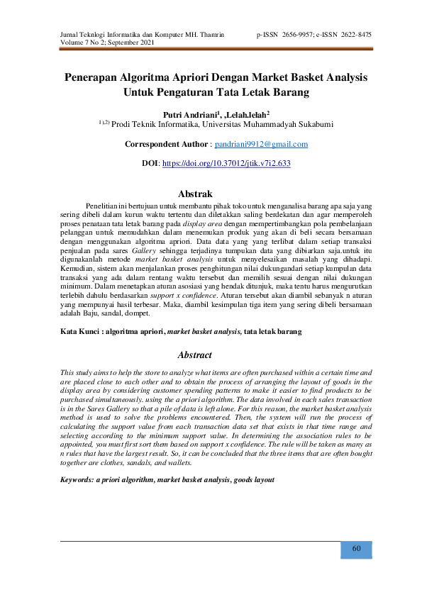 (PDF) Penerapan Algoritma Apriori Dengan Market Basket Analysis Untuk Pengaturan Tata Letak ...