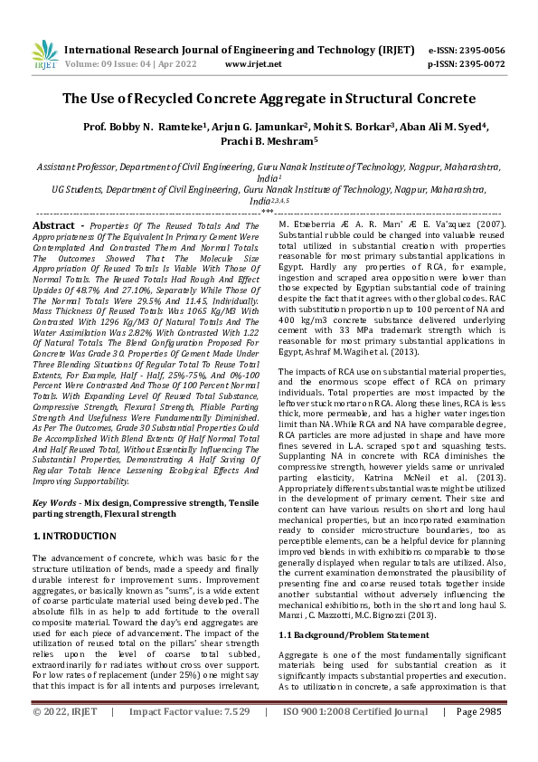 (PDF) The Use of Recycled Concrete Aggregate in Structural Concrete