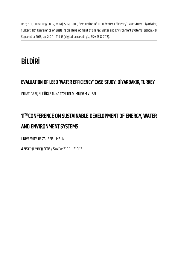 (PDF) Evaluation of Leed ‘Water Efficiency’ Case Study: Di̇yarbakir, Turkey