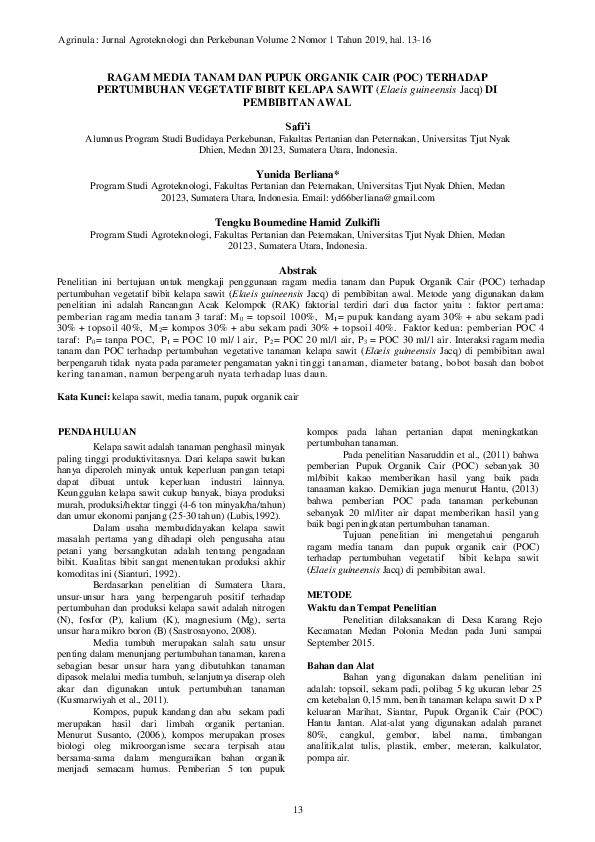 (PDF) Ragam Media Tanam dan Pupuk Organik Cair (POC) terhadap Pertumbuhan Vegetatif Bibit Kelapa ...