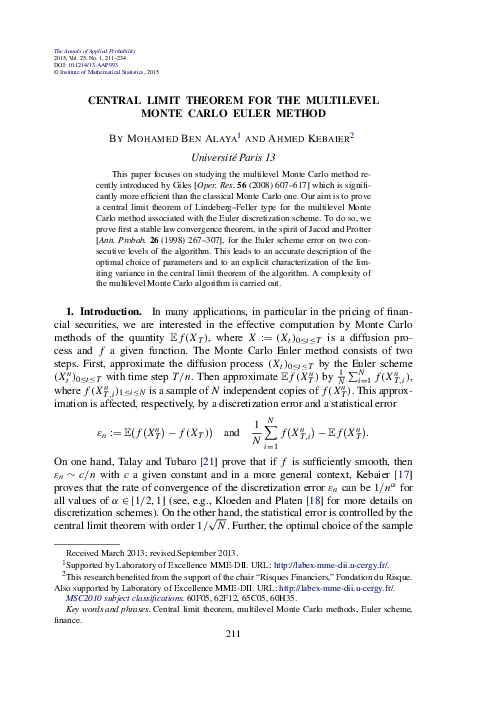 (PDF) Central limit theorem for the multilevel Monte Carlo Euler method