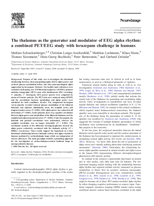 (PDF) Thalamus role in EEG alpha rhythm: PET/EEG study with lorazepam