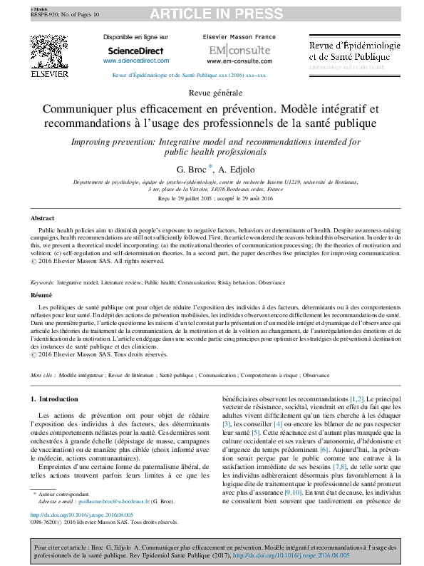 (PDF) Communiquer plus efficacement en prévention. Modèle intégratif et recommandations à l ...