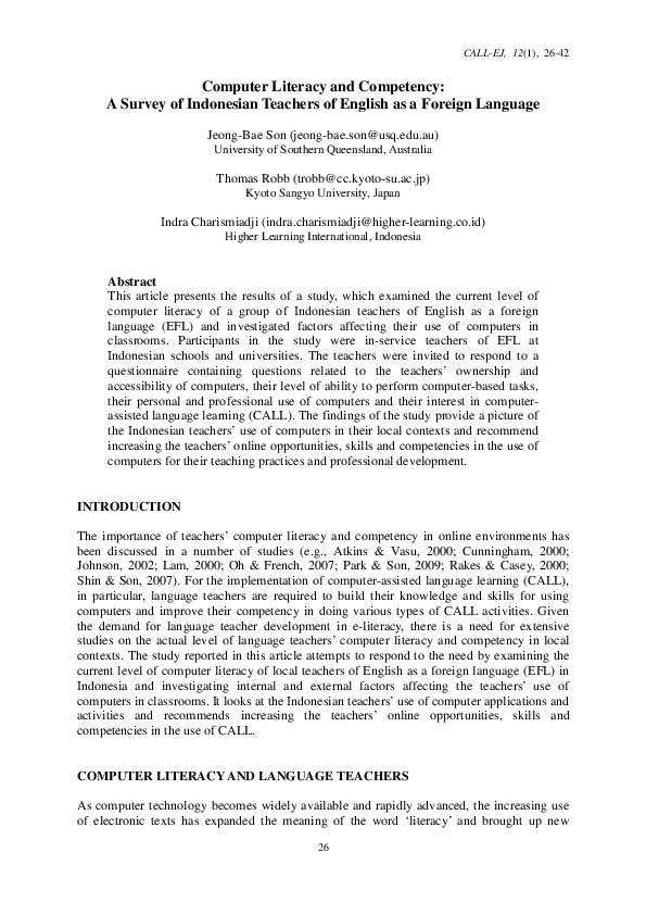 (PDF) Computer literacy and competency: a survey of Indonesian teachers of English as a foreign ...