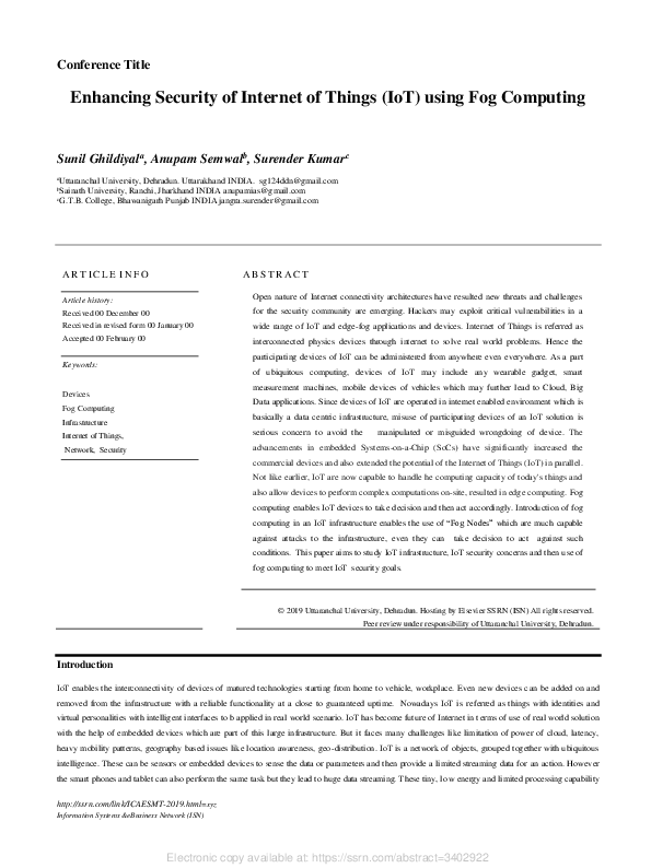 Pdf Enhancing Security Of Internet Of Things Iot Using Fog Computing