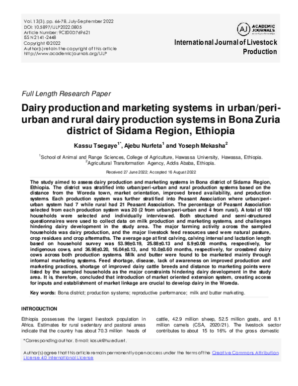 (PDF) Dairy production and marketing systems in urban/periurban and ...