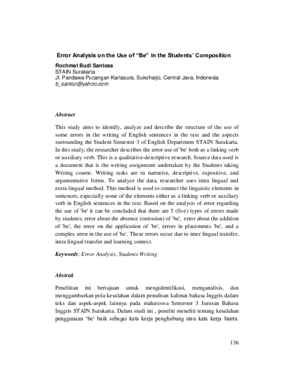(PDF) Error Analysis on the Use of “Be” in the Students’ Composition