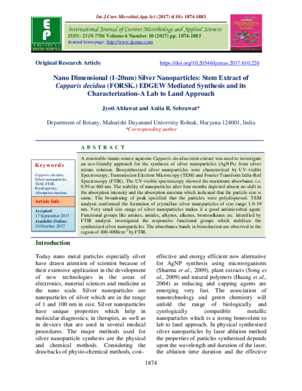 (PDF) Nano Dimensional (1-20nm) Silver Nanoparticles: Stem Extract of Capparis decidua (FORSK ...