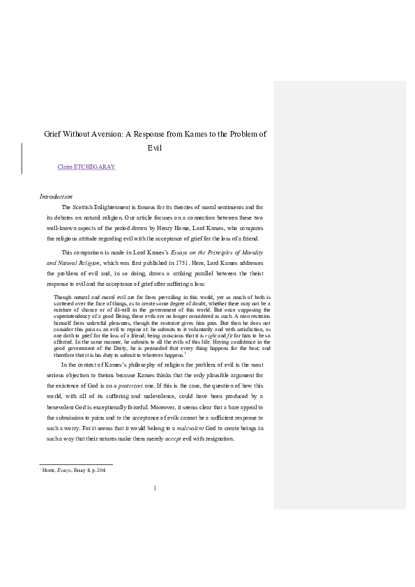 (PDF) Grief Without Aversion: A Response from Kames to the Problem of Evil