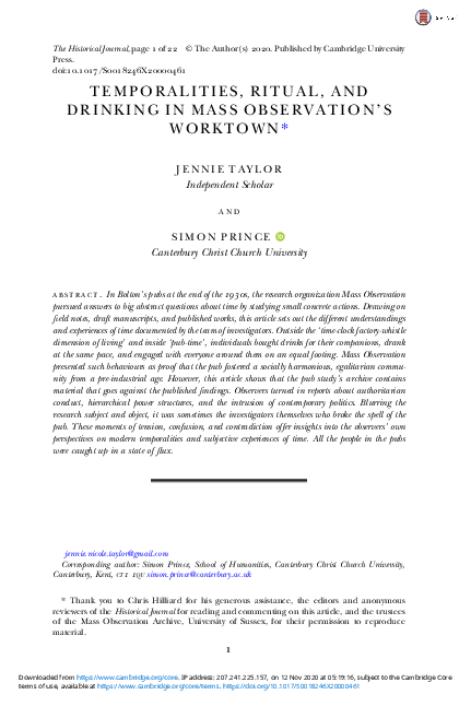 (PDF) Temporalities, Ritual, and Drinking in Mass Observation's Worktown
