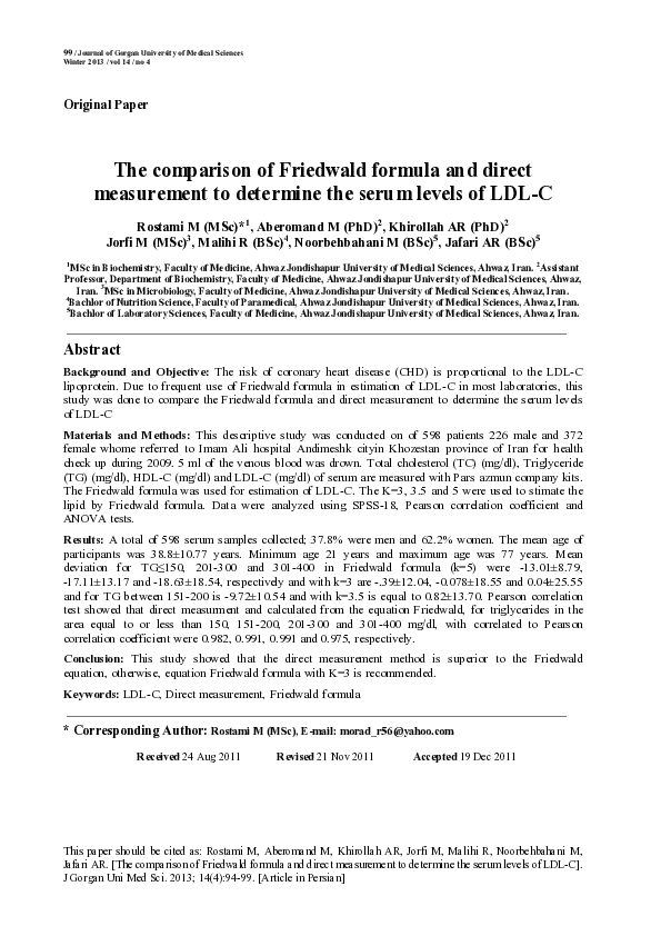 (PDF) The comparison of Friedwald formula and direct measurement to ...