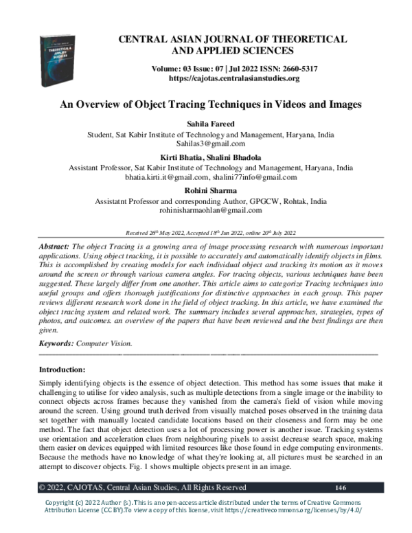 (PDF) An Overview of Object Tracing Techniques in Videos and Images