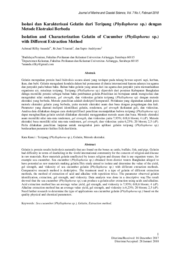 (PDF) Isolation and Characterization Gelatin of Cucumber (Phyllophorus ...