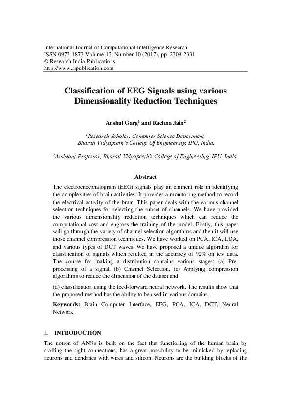 Pdf Classification Of Eeg Signals Using Various Dimensionality Reduction Techniques
