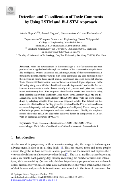 Pdf Detection And Classification Of Toxic Comments By Using Lstm And Bi Lstm Approach Rachna
