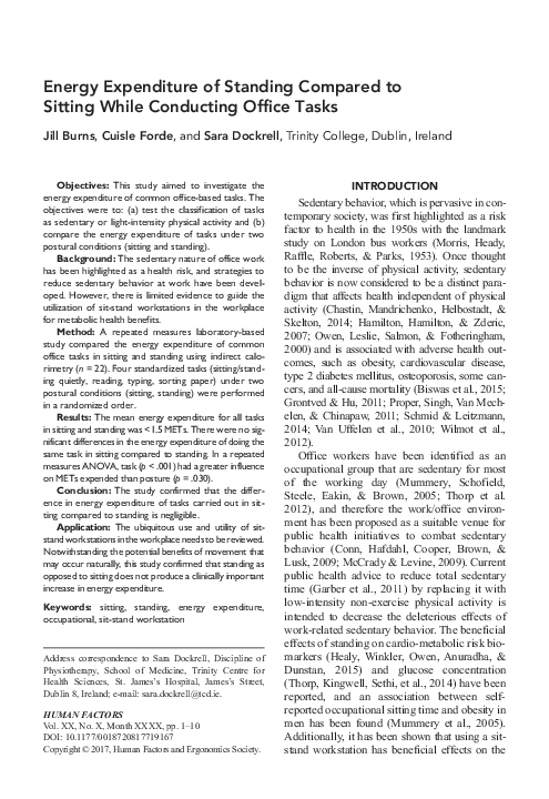 (PDF) Energy Expenditure of Standing Compared to Sitting While ...