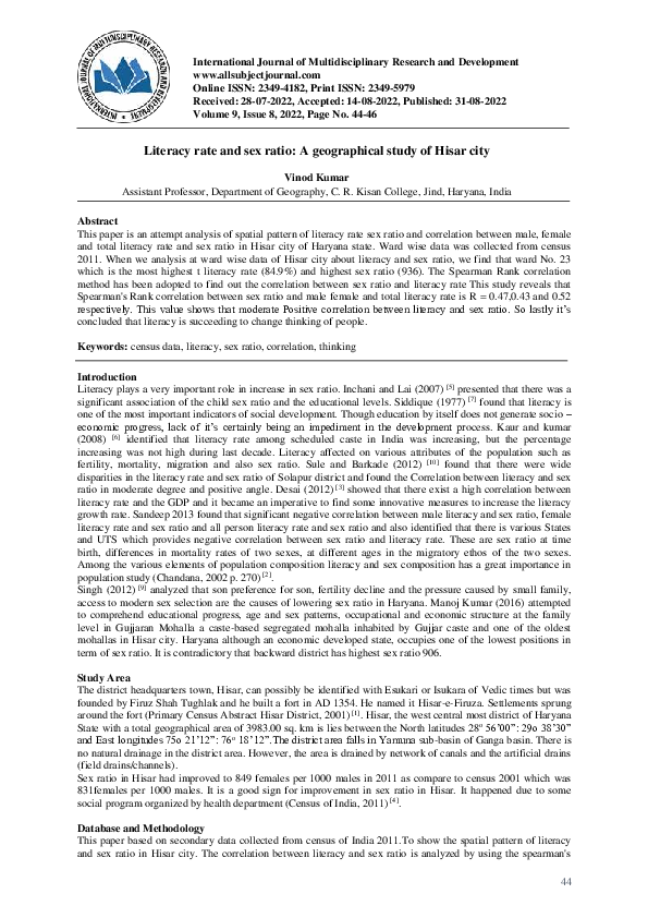 (PDF) Literacy rate and sex ratio: A geographical study of Hisar city