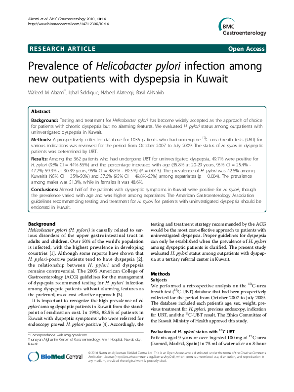 (PDF) Prevalence of Helicobacter pylori infection among new outpatients with dyspepsia in Kuwait