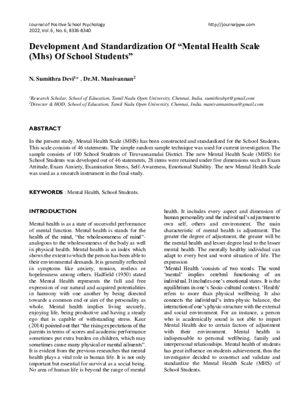 (PDF) Development And Standardization Of "Mental Health Scale (Mhs) Of ...
