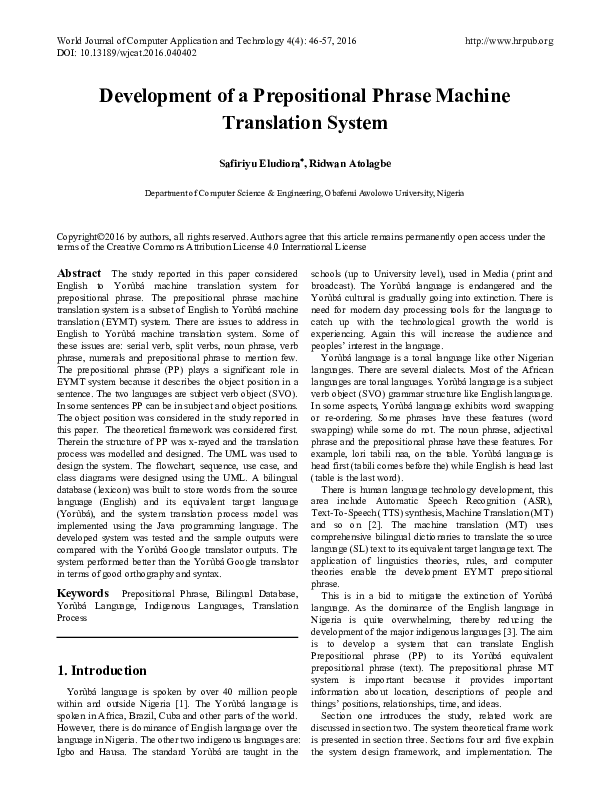 (PDF) Development of a Prepositional Phrase Machine Translation System