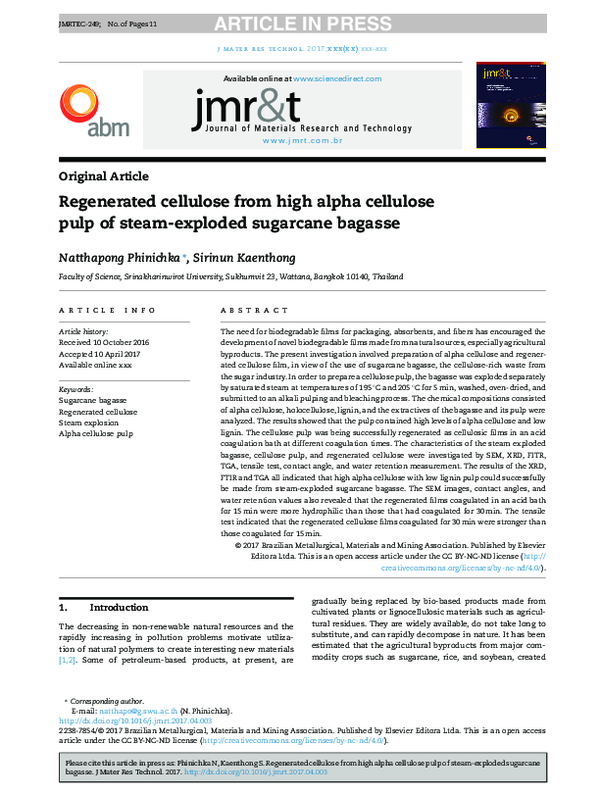 (PDF) Regenerated cellulose from high alpha cellulose pulp of steam ...