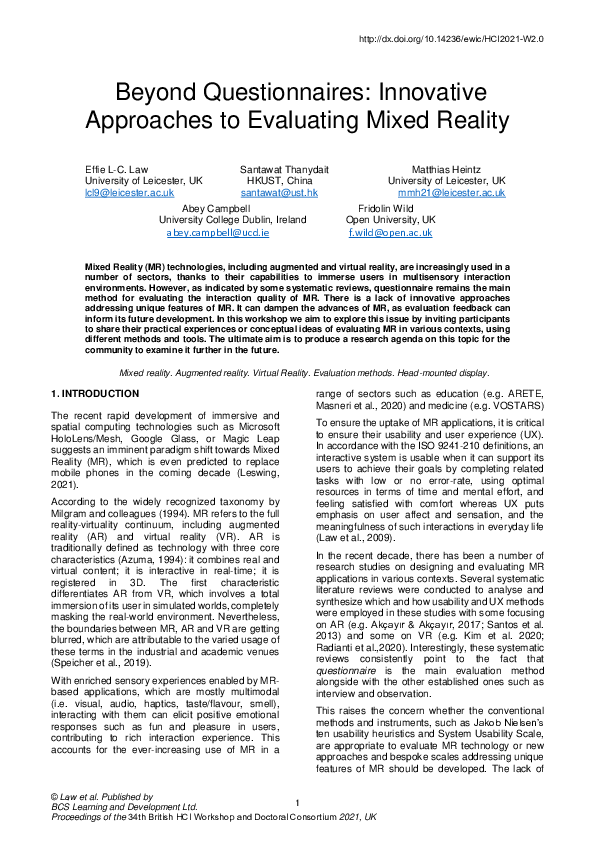 (PDF) Beyond Questionnaires: Innovative Approaches to Evaluating Mixed Reality