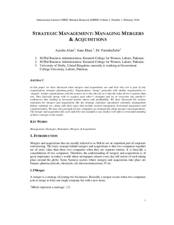 Pdf Strategic Management Managing Mergers And Acquisitions