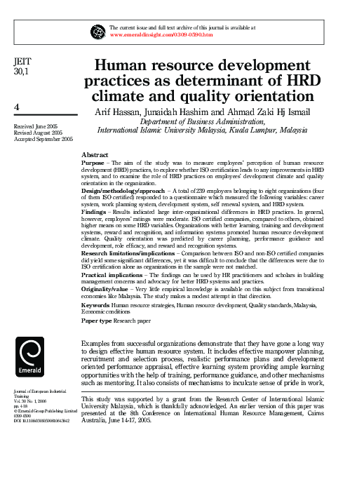 (PDF) Human resource development practices as determinant of HRD climate and quality orientation