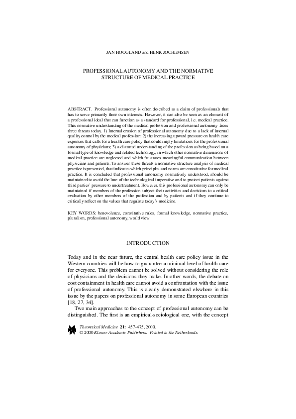 (PDF) Professional Autonomy and the Normative Structure of Medical Practice