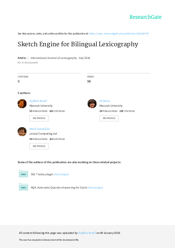 (PDF) Sketch Engine for Bilingual Lexicography | V. Kovář - Academia.edu