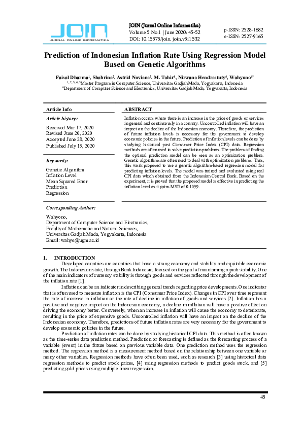 Pdf Prediction Of Indonesian Inflation Rate Using Regression Model