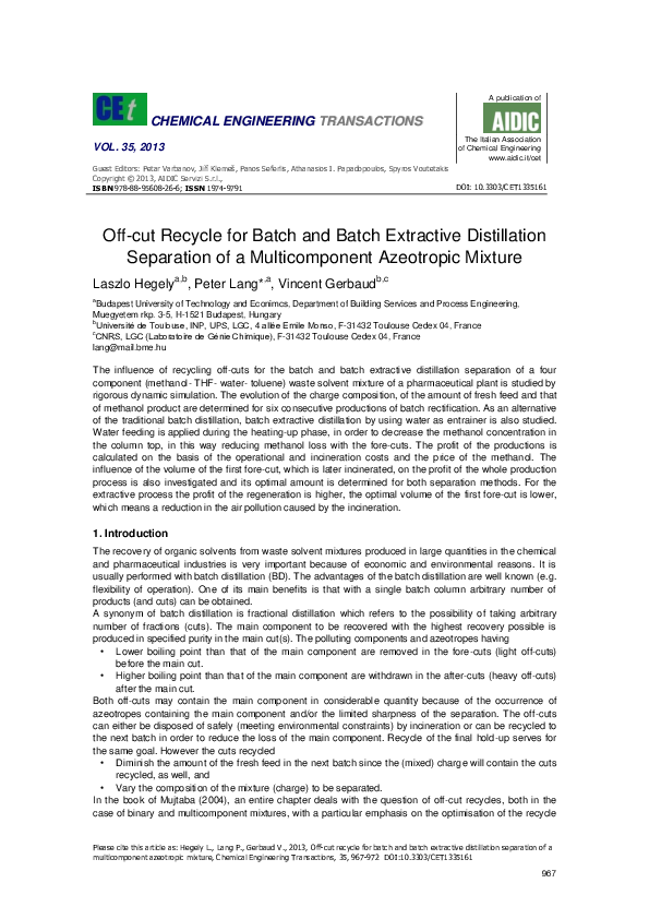 (PDF) Off-cut recycle for batch and batch extractive distillation ...
