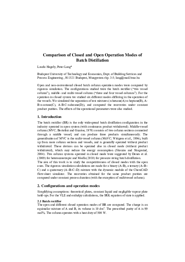 (PDF) Study of Closed Operation Modes of Batch Distillation Columns | Laszlo Hegely - Academia.edu