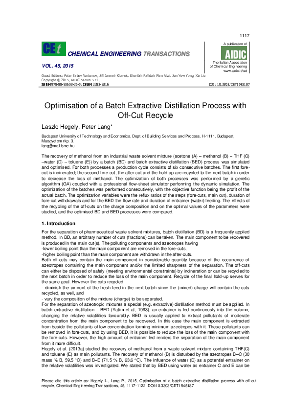 (PDF) Optimisation of a batch extractive distillation process with off ...