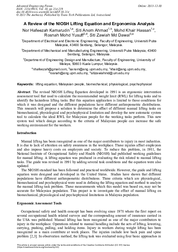 (PDF) A Review of the NIOSH Lifting Equation and Ergonomics Analysis
