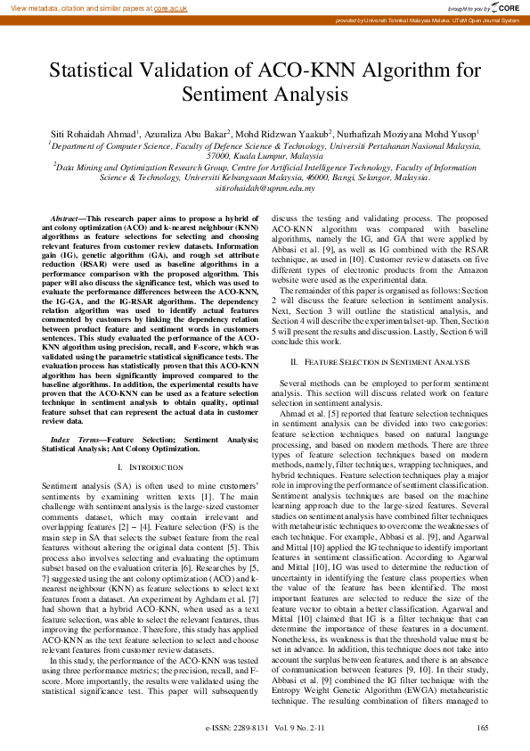 Pdf Statistical Validation Of Aco Knn Algorithm For Sentiment Analysis 0022