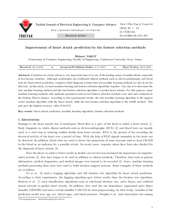 (PDF) Improvement of heart attack prediction by the feature selection ...