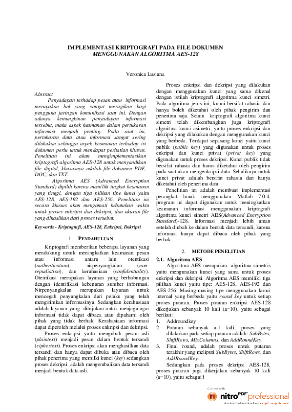 Pdf Implementasi Kriptografi Pada File Dokumen Menggunakan Algoritma Aes 128