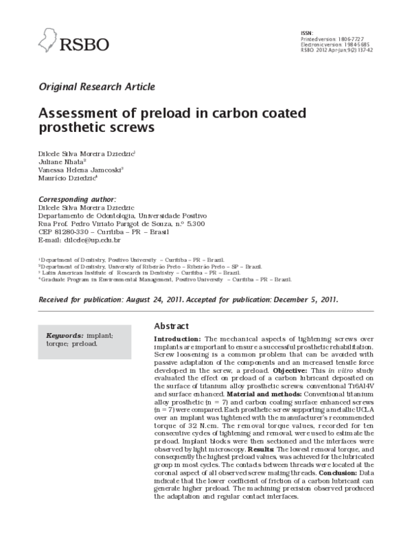 (PDF) Assessment of preload in carbon coated prosthetic screws