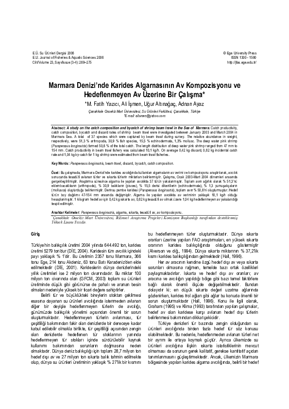 (PDF) Marmara Denizi'nde Karides Algarnasinin Av Kompozisyonu ve ...