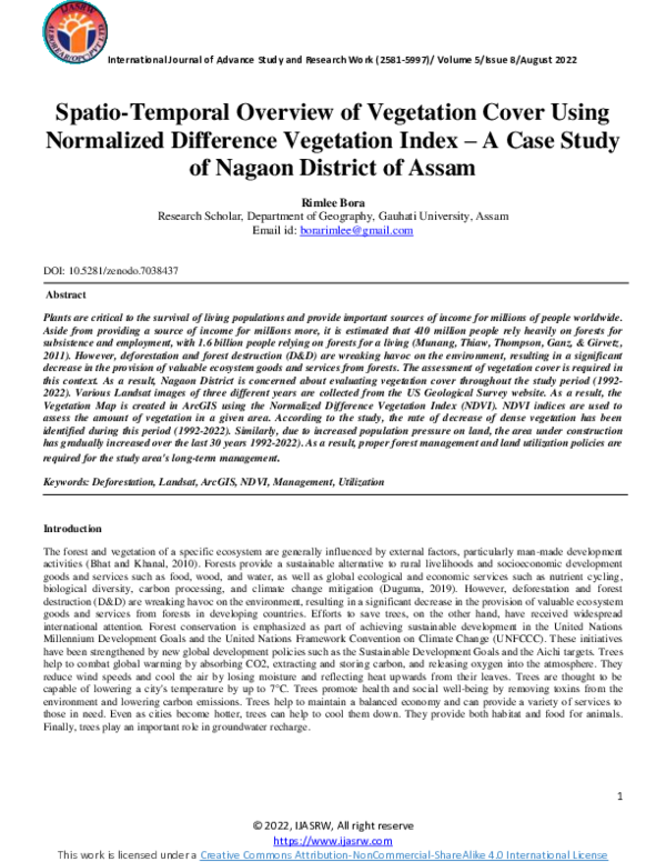 Pdf Spatio Temporal Overview Of Vegetation Cover Using Normalized
