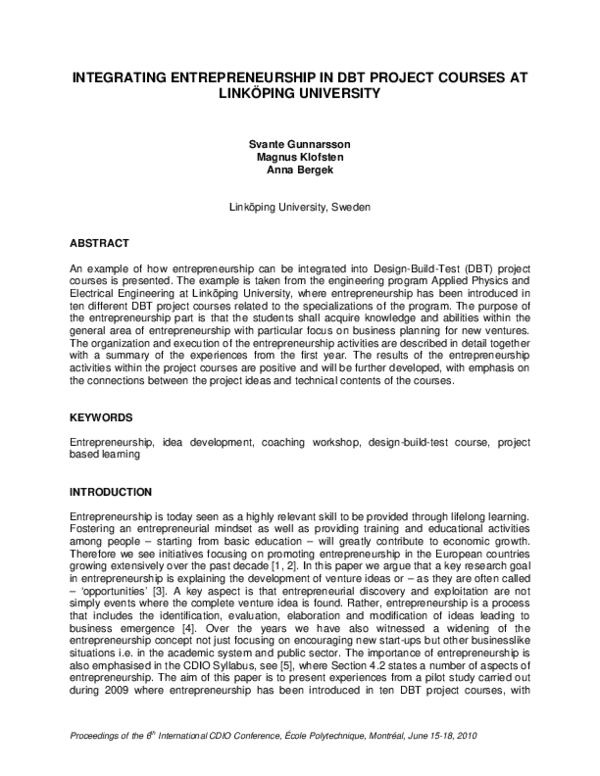 (PDF) Integrating Entrepreneurship in DBT Project Courses at Linköping ...