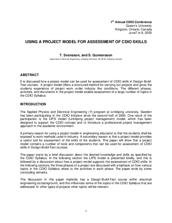 (PDF) Using a project model for assessment of CDIO skills