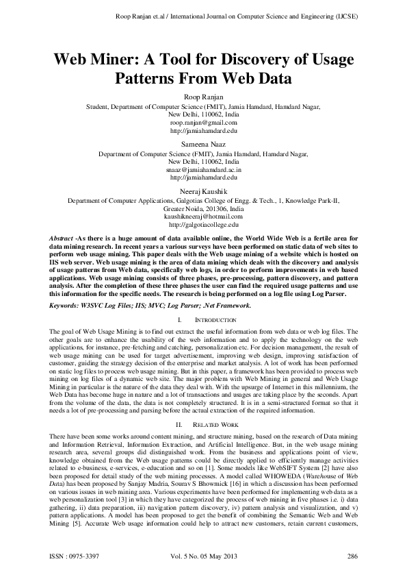 Pdf Web Miner A Tool For Discovery Of Usage Patterns From Web Data