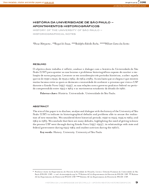 (PDF) História da Universidade de São Paulo - Apontamentos Historiográficos