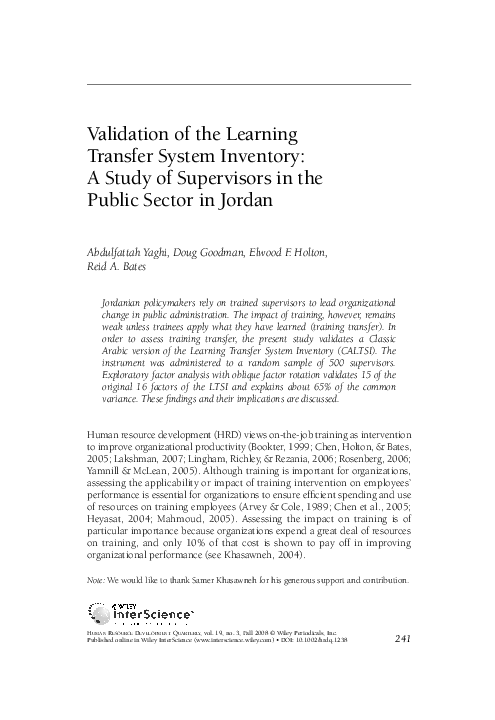 (PDF) Validation of the Learning Transfer System Inventory: A study of supervisors in the public ...